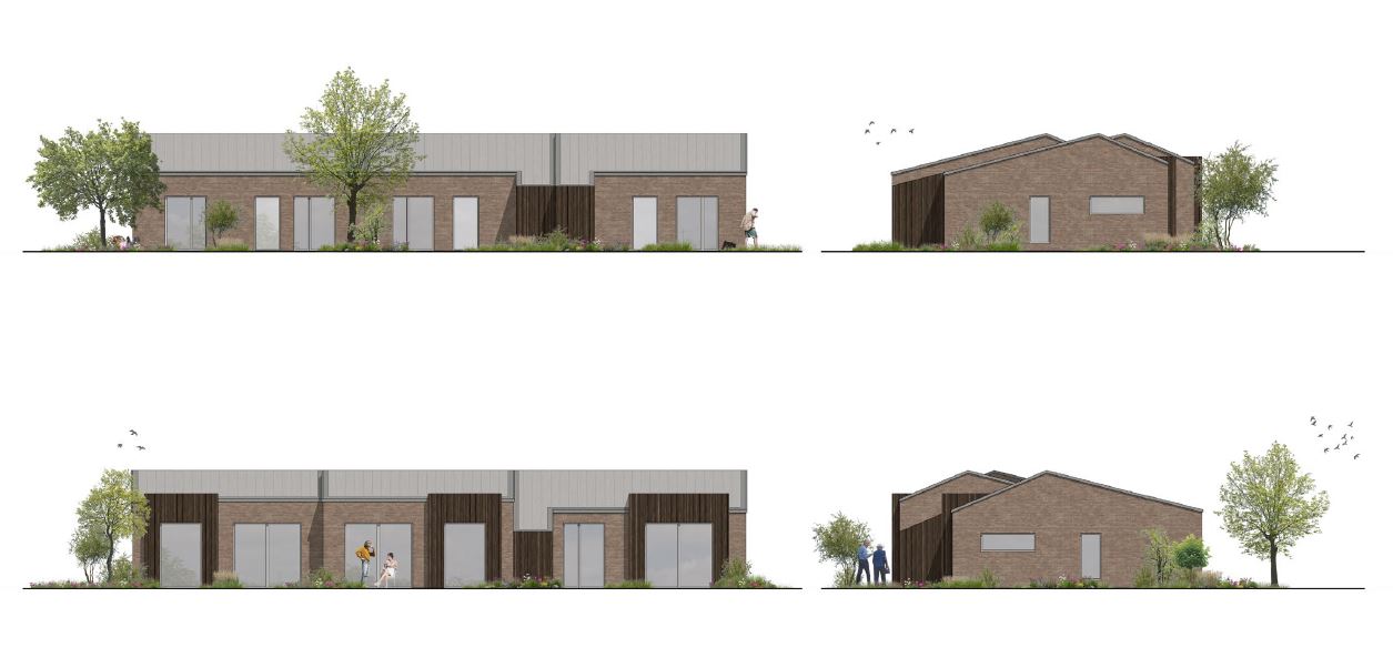 Princip-opstalt for bebyggelse opført i tegl med accenter af træ på ...